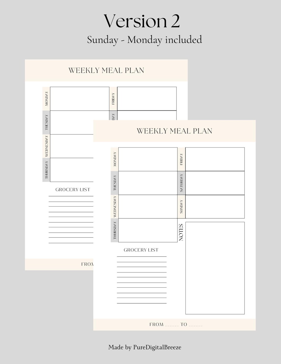Printable or Downloadable Weekly Meal Planner, 7 Day Menu Planner, Food ...