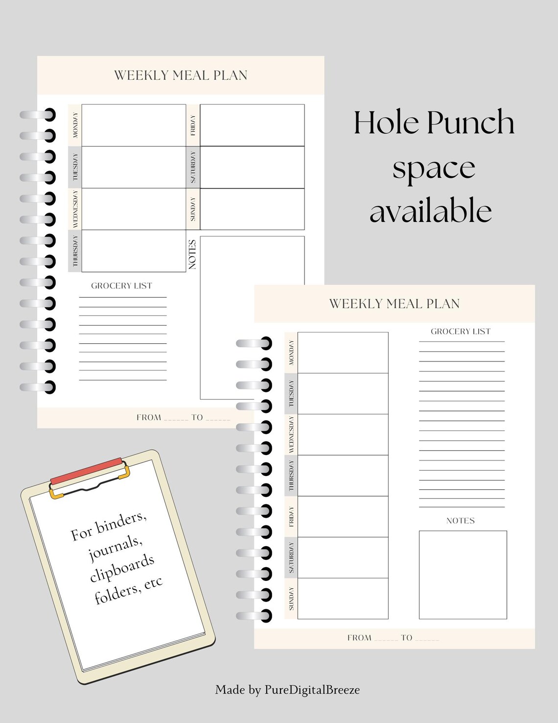 Printable or Downloadable Weekly Meal Planner, 7 Day Menu Planner, Food ...