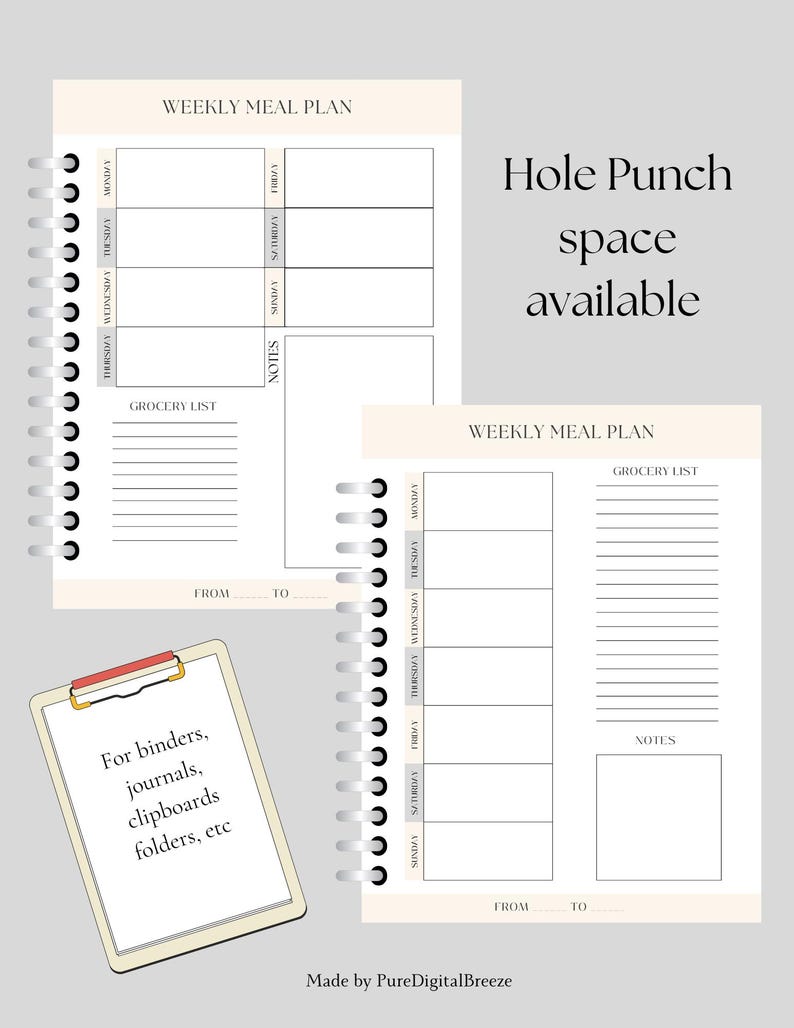 Printable or Downloadable Weekly Meal Planner, 7 Day Menu Planner, Food ...