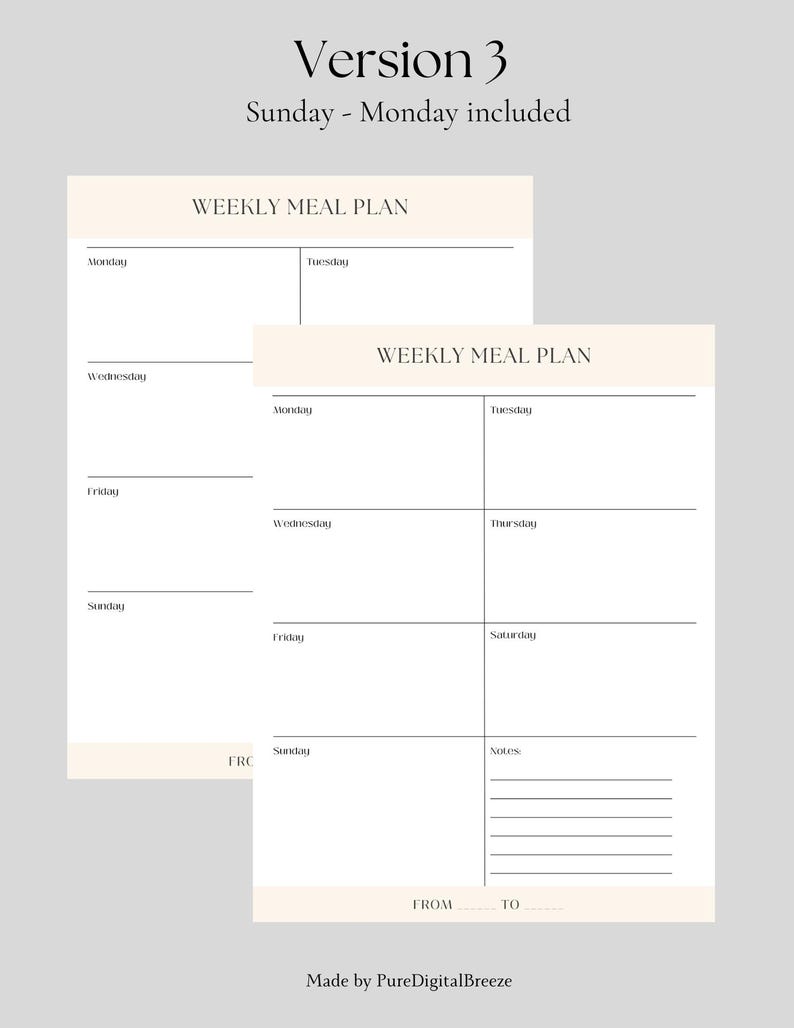 Printable or Downloadable Weekly Meal Planner, 7 Day Menu Planner, Food ...