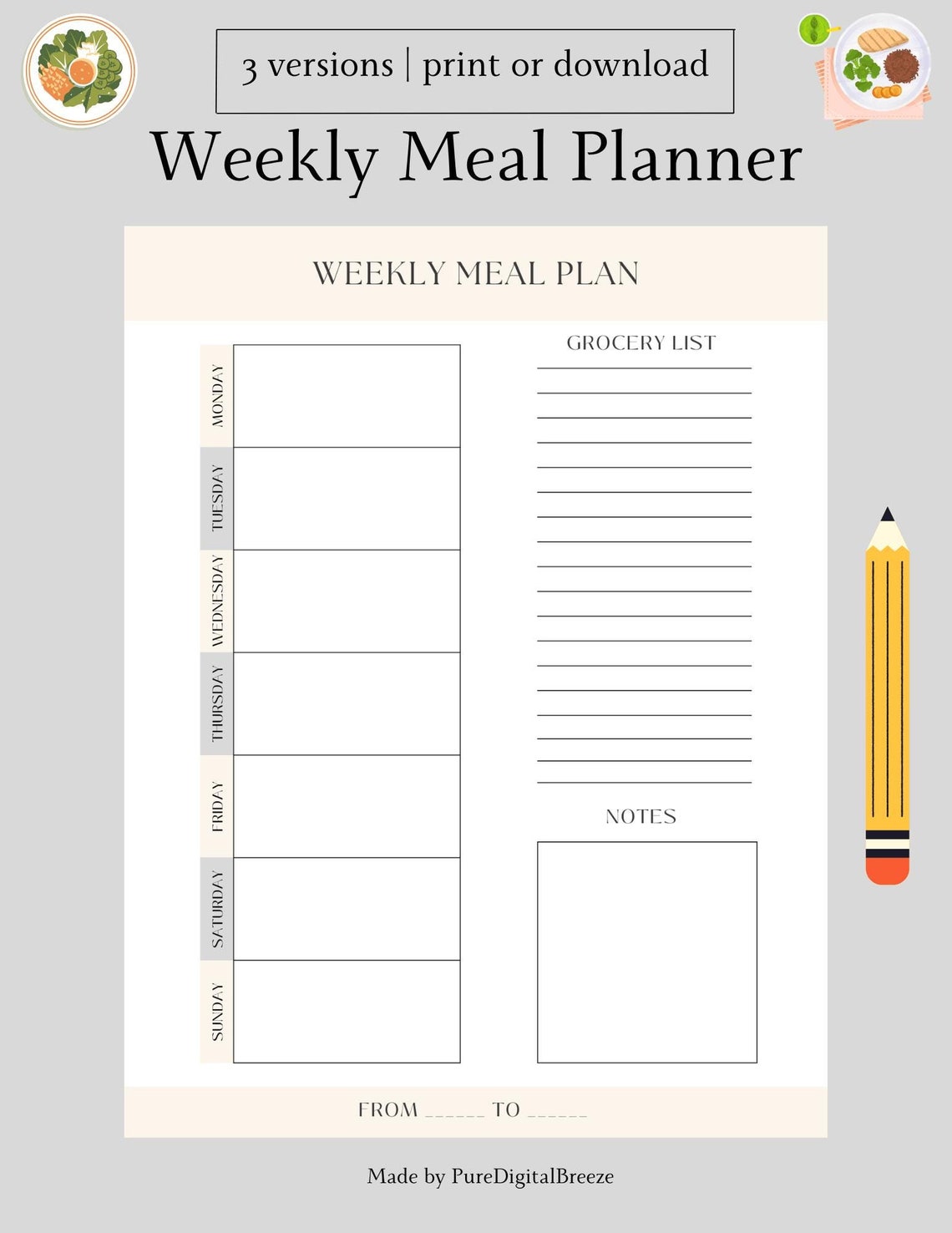 Printable or Downloadable Weekly Meal Planner, 7 Day Menu Planner, Food ...