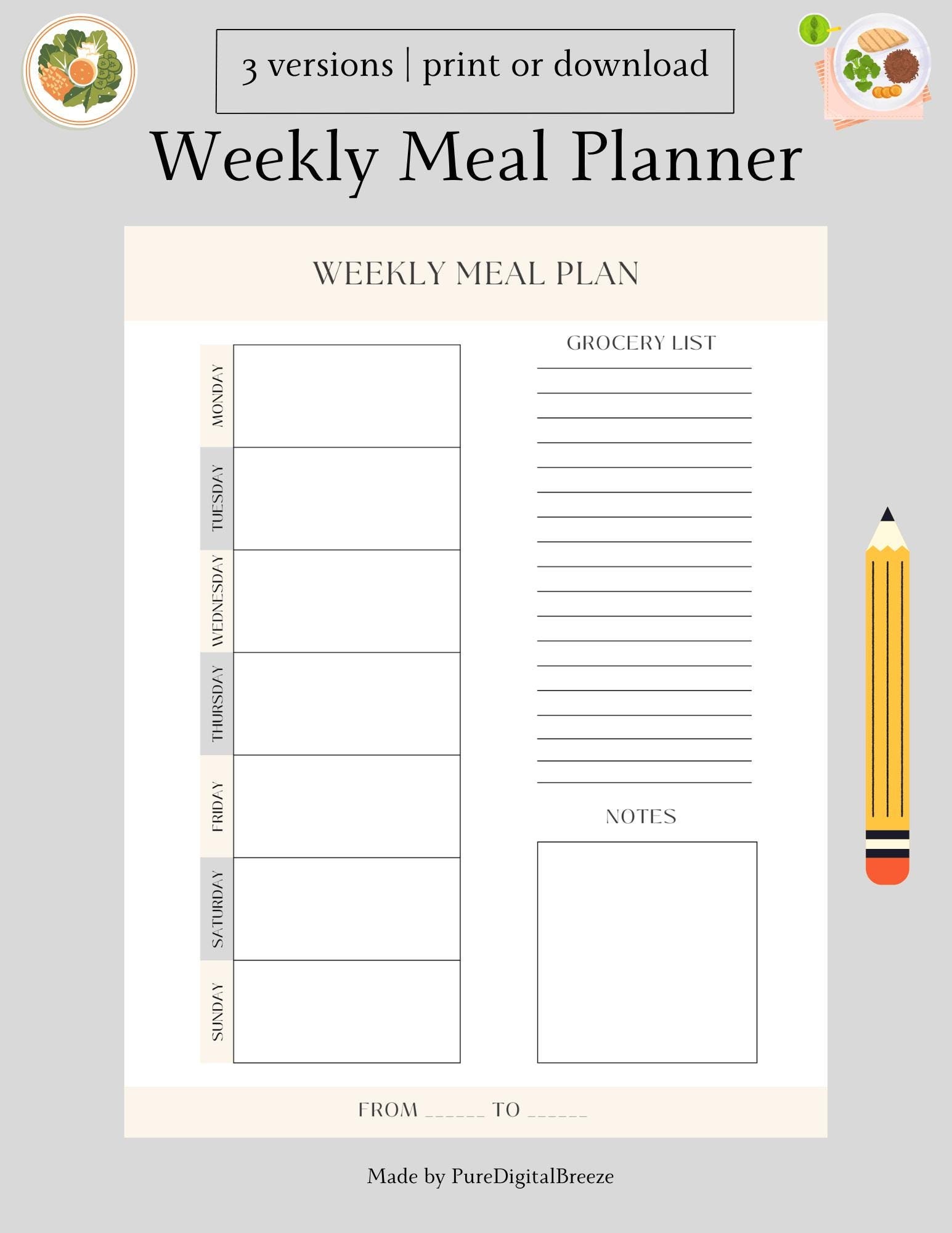 Printable or Downloadable Weekly Meal Planner, 7 Day Menu Planner, Food ...