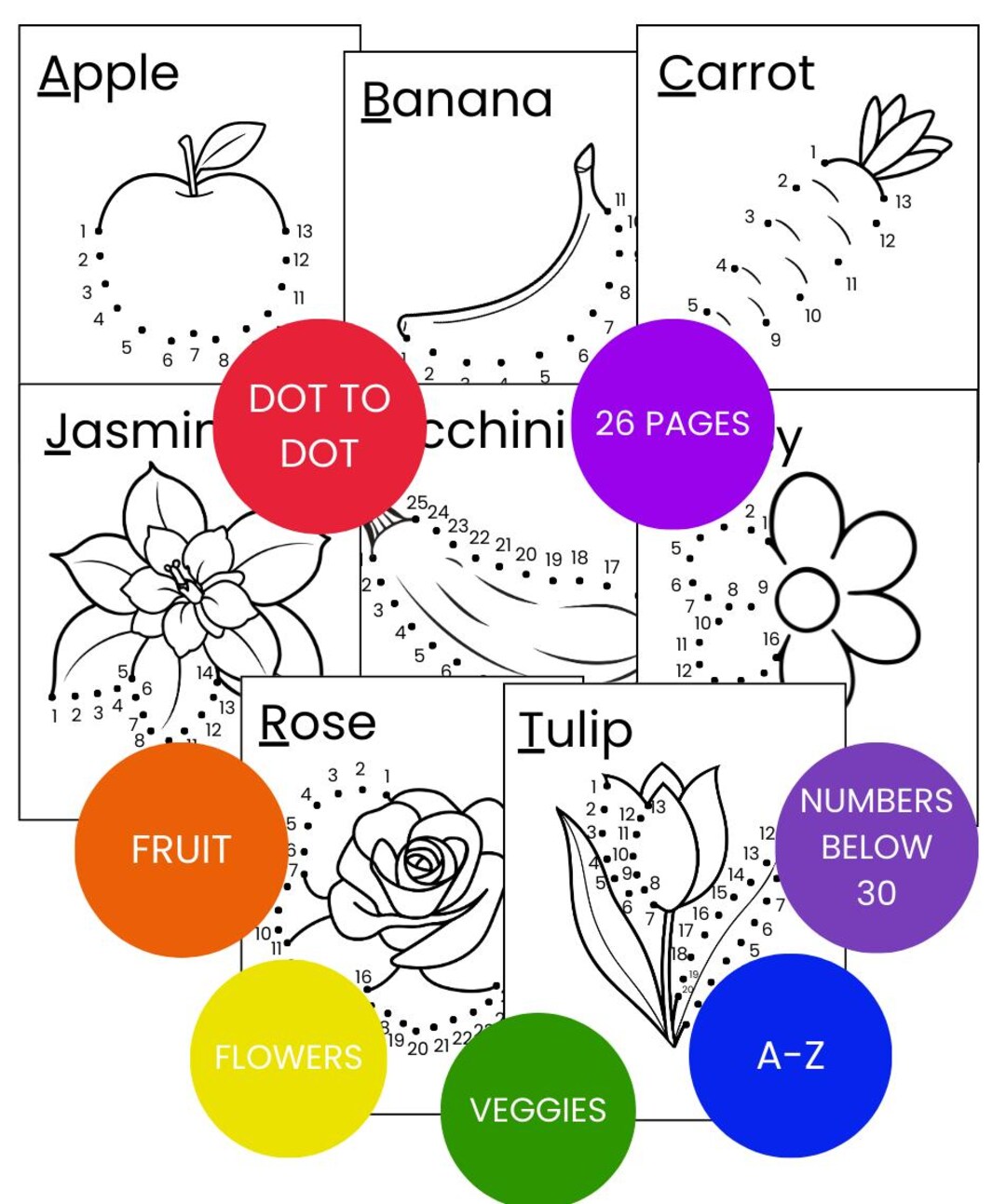 Alphabet Dot to Dot Printable Connect the Dots A-Z Fruit Veggies ...