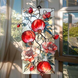 Pomegranate & Blooming Roses Suncatcher - Faux Stained Glass Window ...