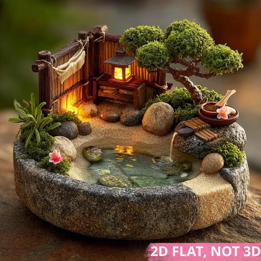 Zen Hot Spring 2D FLAT ORNAMENT, Japanese Garden Bath Decor, Mini Onsen ...