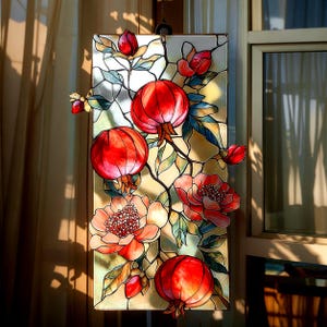 Pomegranate & Blooming Roses Suncatcher - Faux Stained Glass Window ...