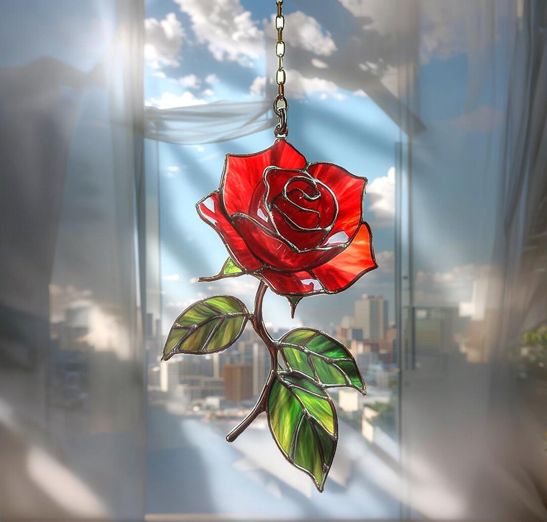 Red Rose Stained Glass Suncatcher – Romantic Window Hanging Gift for ...