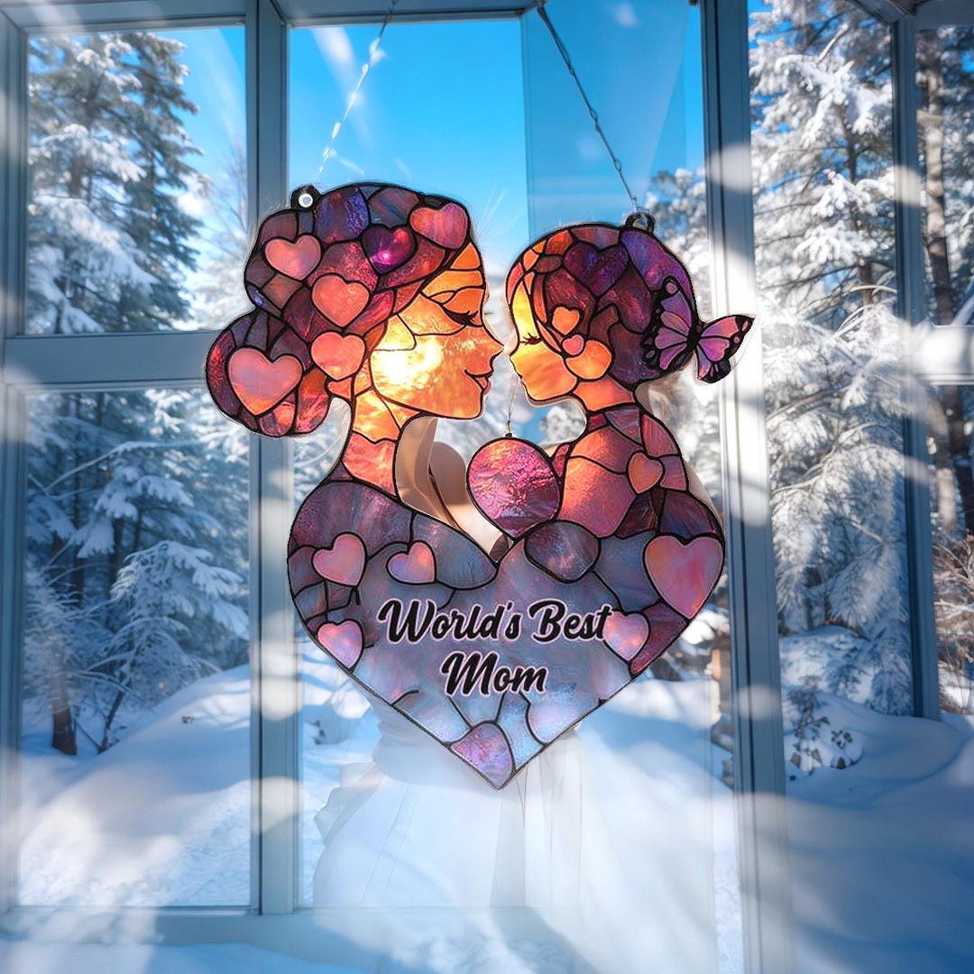 Mother & Child Heart Suncatcher - Faux Stained Glass Window Hanging ...