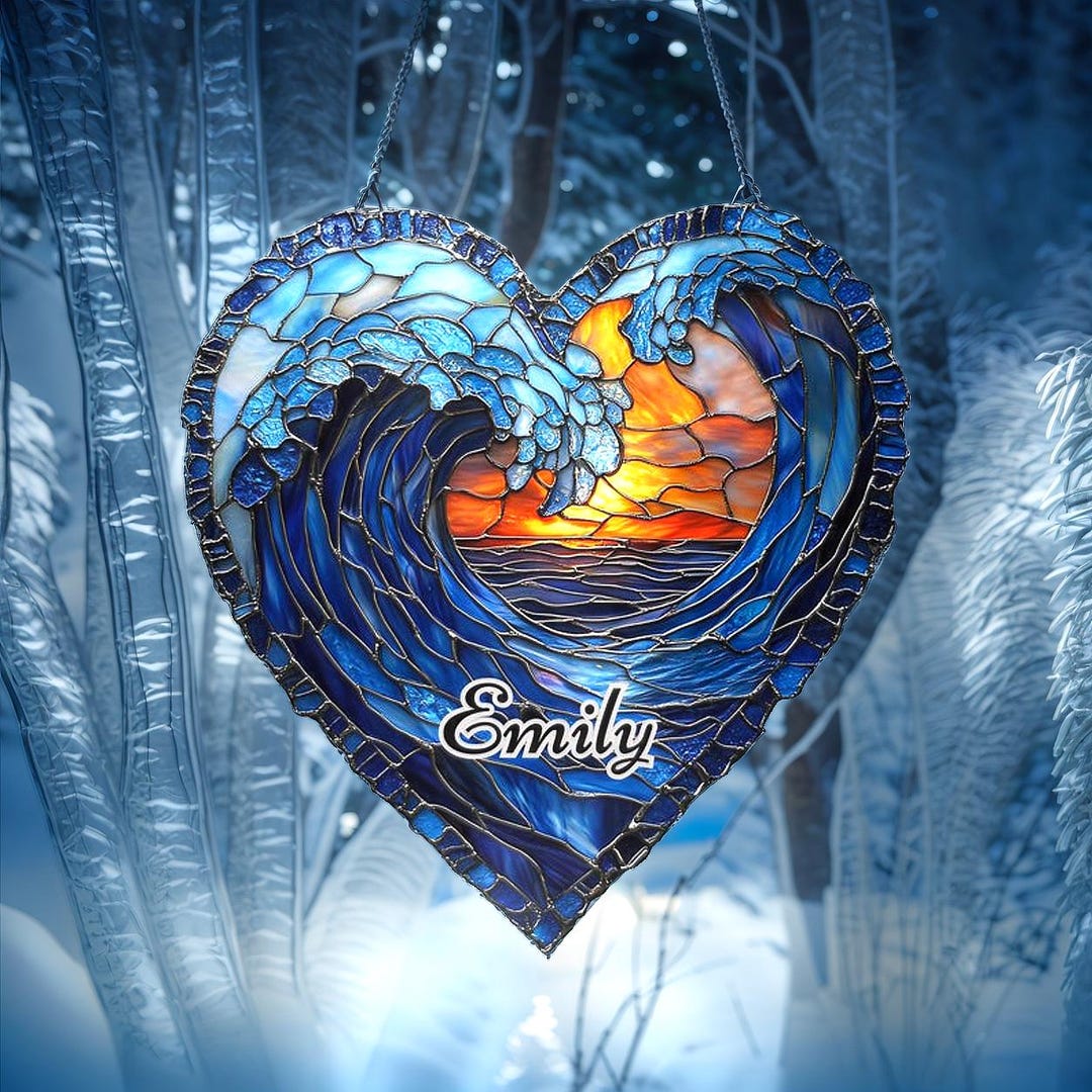 Ocean Wave Heart Stained Glass Suncatcher - Nautical Themed Window ...