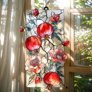 Pomegranate & Blooming Roses Suncatcher - Faux Stained Glass Window ...