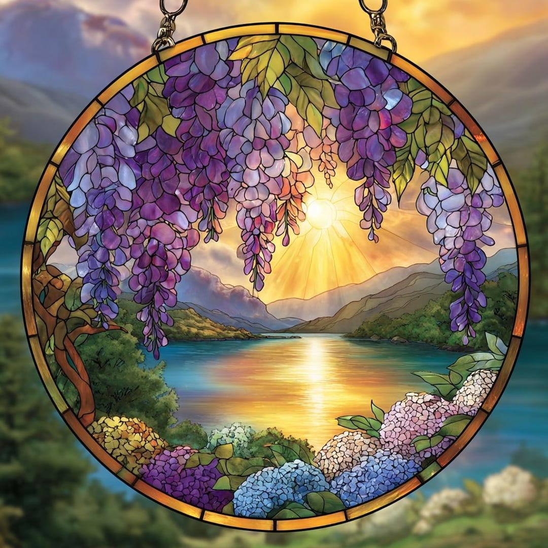 Wisteria Flowers Stained Glass Round Window Hanging - ACRYLIC Landscape ...