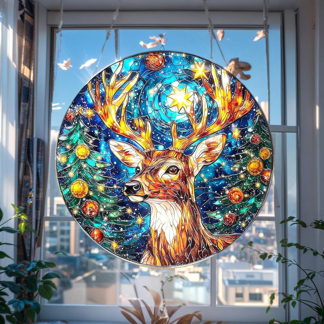 Galaxy Deer Stained Glass Window – Celestial Holiday Panel – Winter ...