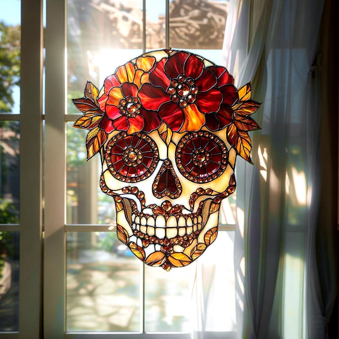 Skull Stained Glass Suncatcher - Gothic Day of the Dead Window Hanging ...