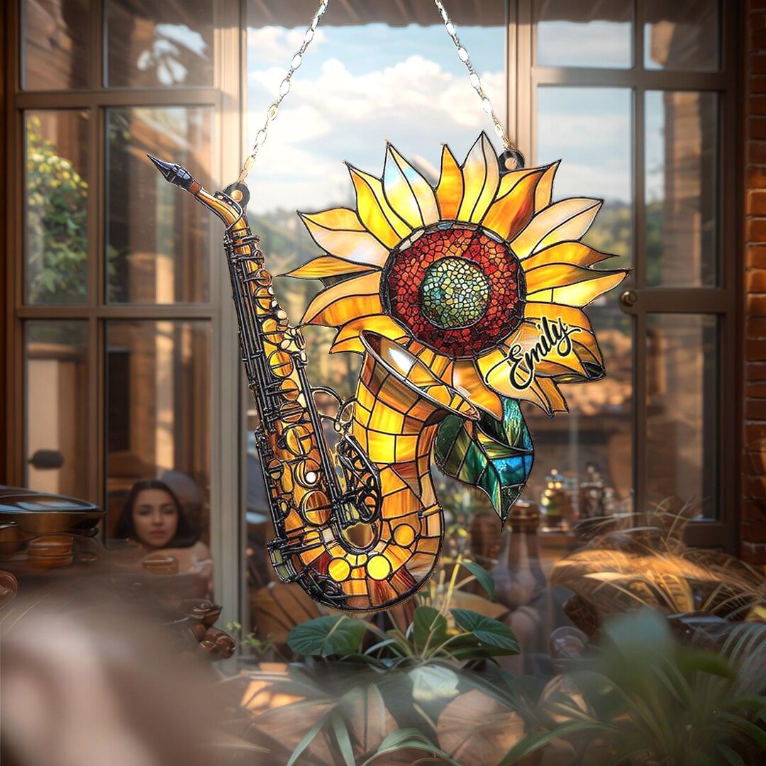 Floral Saxophone Faux Stained Glass Suncatcher, Sunflower Suncatcher ...