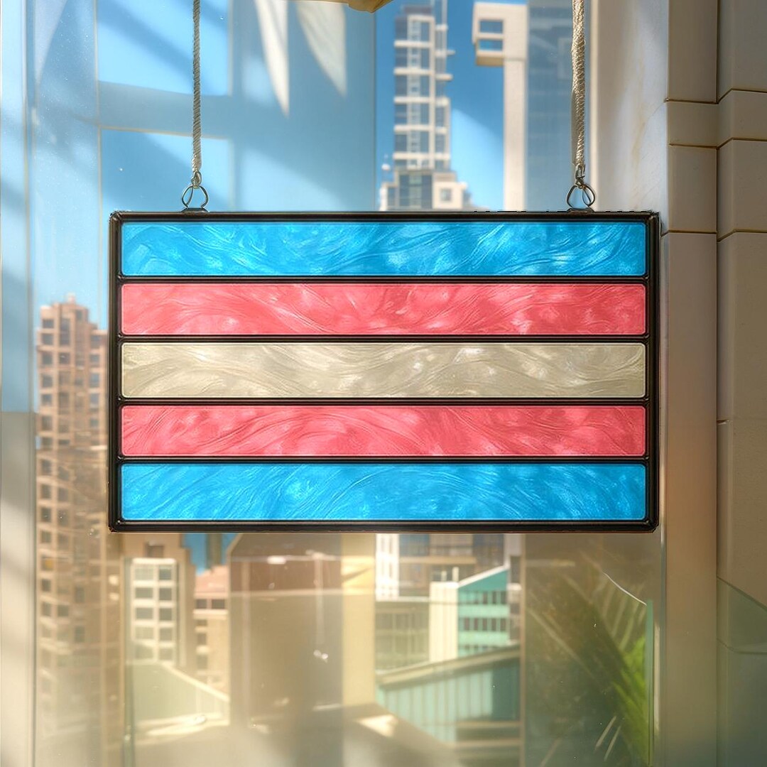 Stained Glass Transgender Flag Panel - Rainbow Support Window Hanging ...