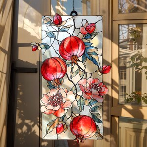 Pomegranate & Blooming Roses Suncatcher - Faux Stained Glass Window ...