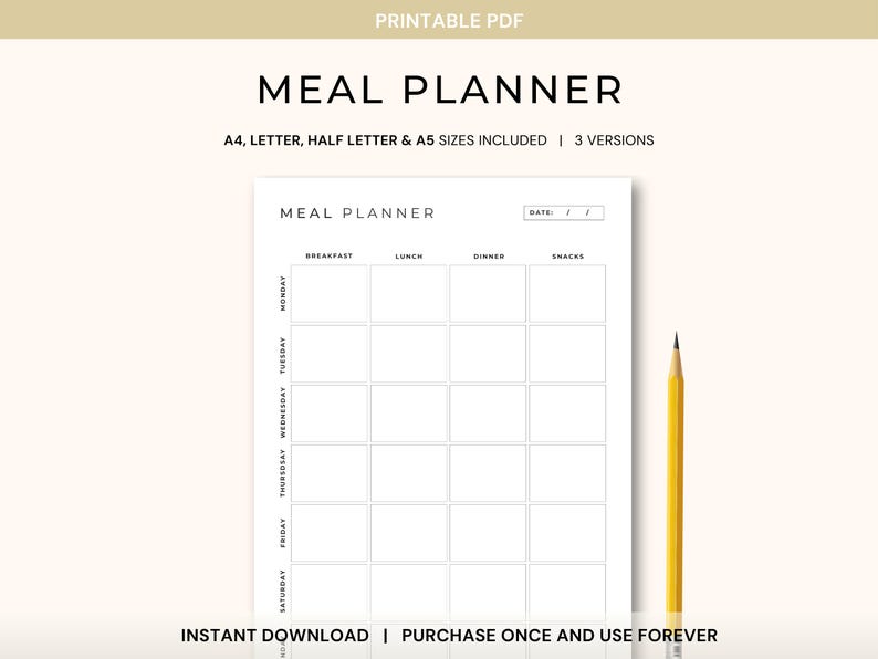 Meal Planner and Grocery List Printable PDF, Minimalist Meal Planner ...