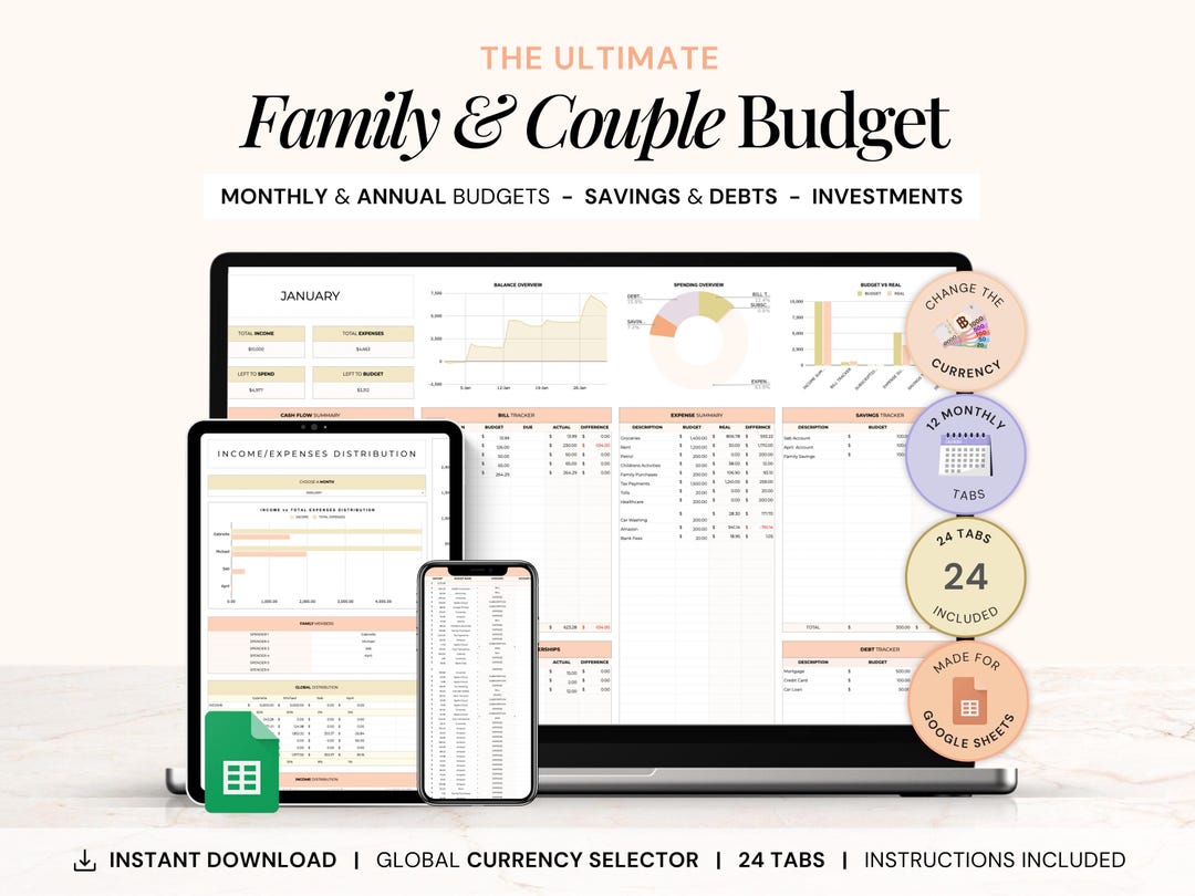 Family and Couples Budgeting Spreadsheet for Google Sheets, Monthly ...