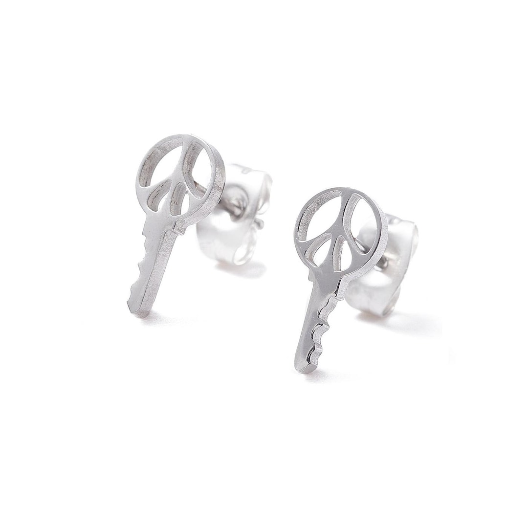 Peace Sign Earrings, Tiny "key to Peace" Studs in Non-tarnish Stainless ...