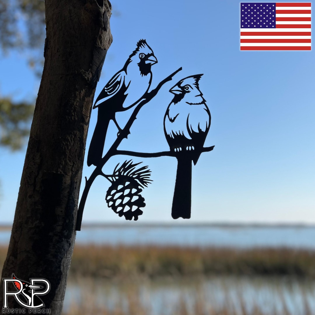 RUSTIC PERCH Cardinal Metal Bird Tree Art Corten Steel Garden Birds ...