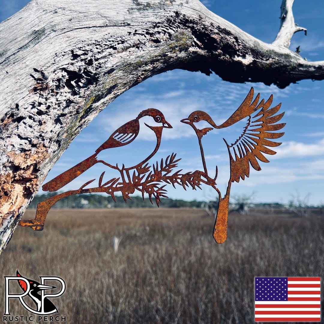 RUSTIC PERCH Chickadees Metal Bird Tree Art Corten Steel Garden Birds ...