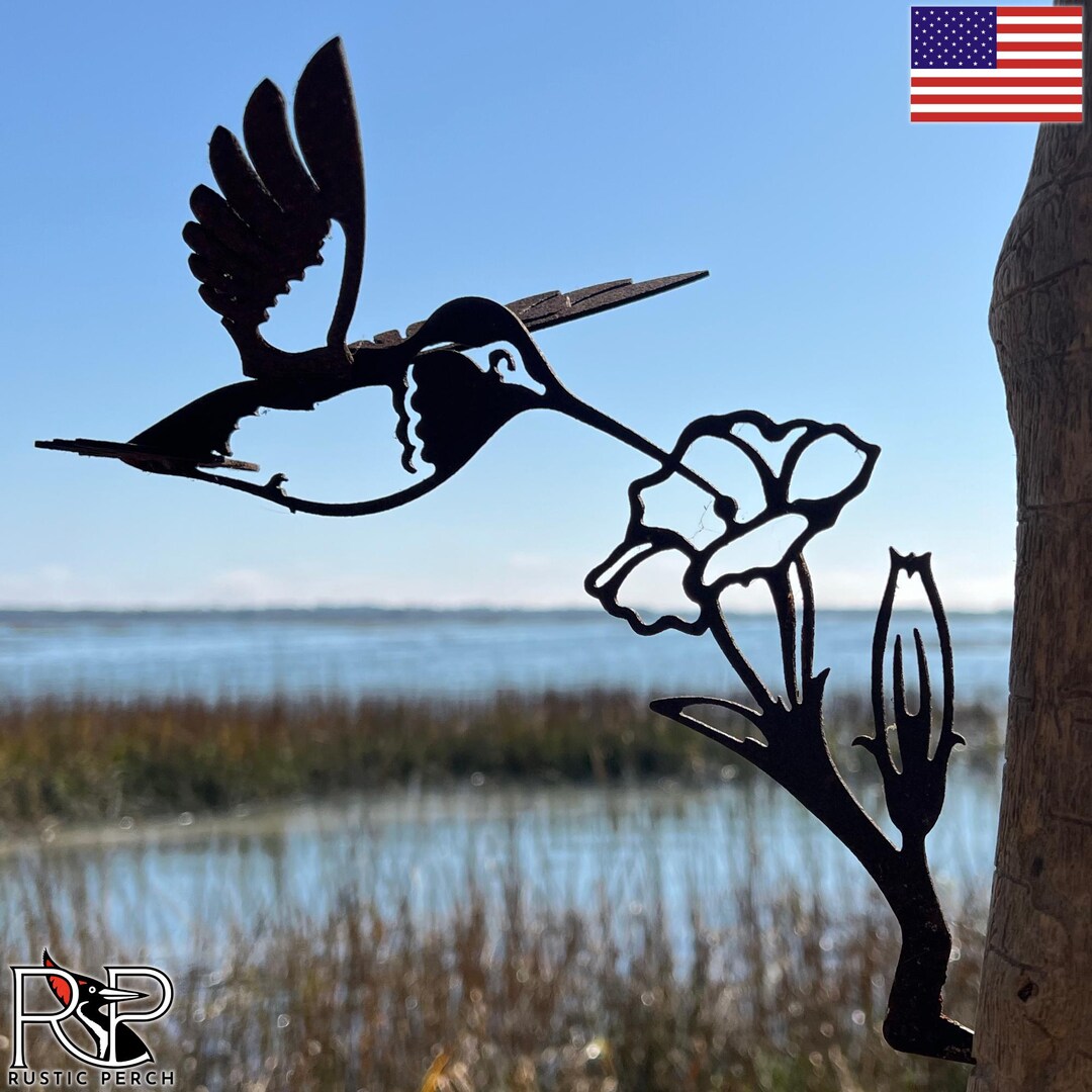RUSTIC PERCH 3D Hummingbird Metal Bird Tree Spike Corten Steel Garden ...