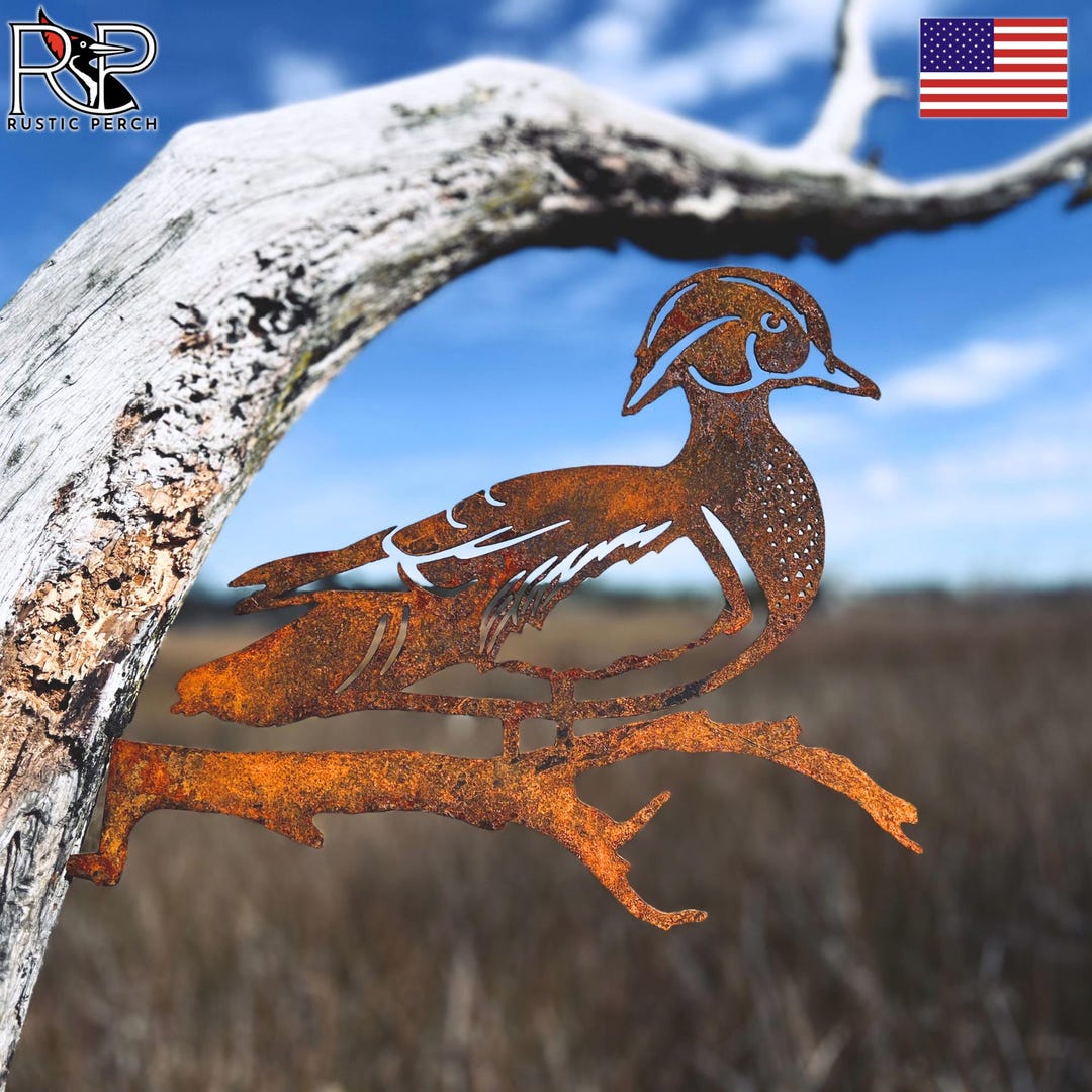 RUSTIC PERCH Wood Duck Metal Bird Tree Spike Unique Outdoor Yard Decor ...