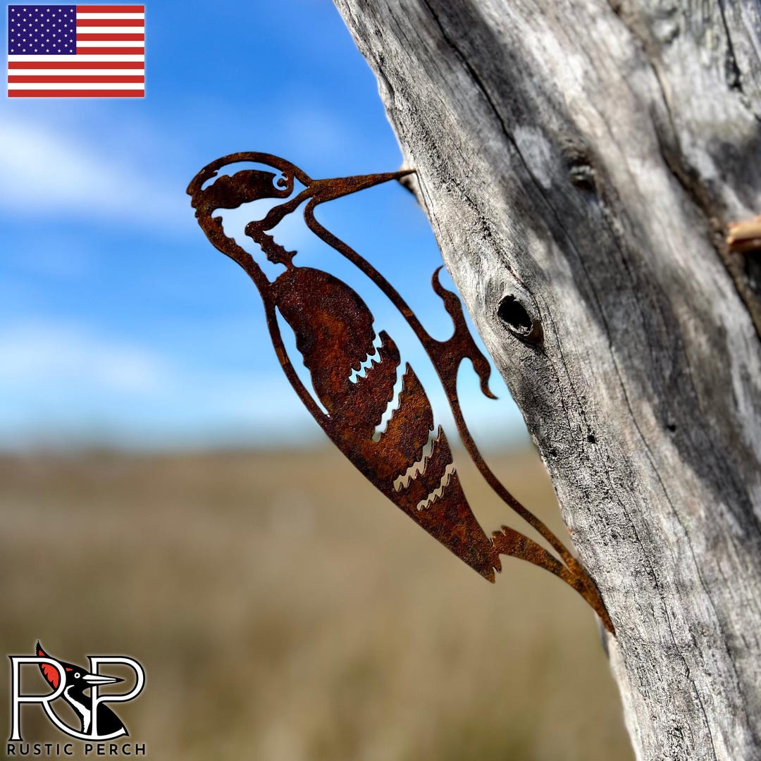 RUSTIC PERCH Hairy Woodpecker Pair X2 Metal Bird Spike Tree Art Corten ...
