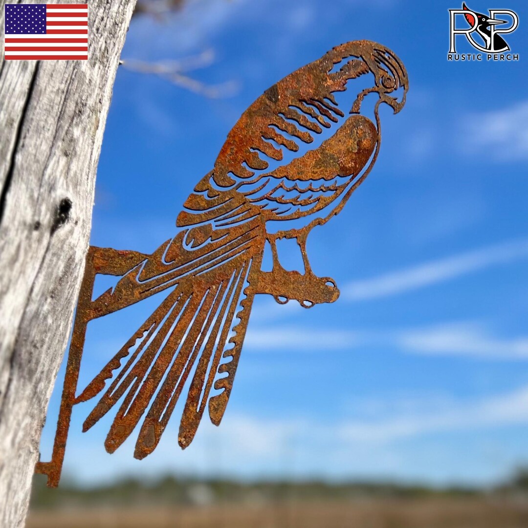 RUSTIC PERCH KESTREL Metal Bird Tree Spike Corten Steel Garden Art ...