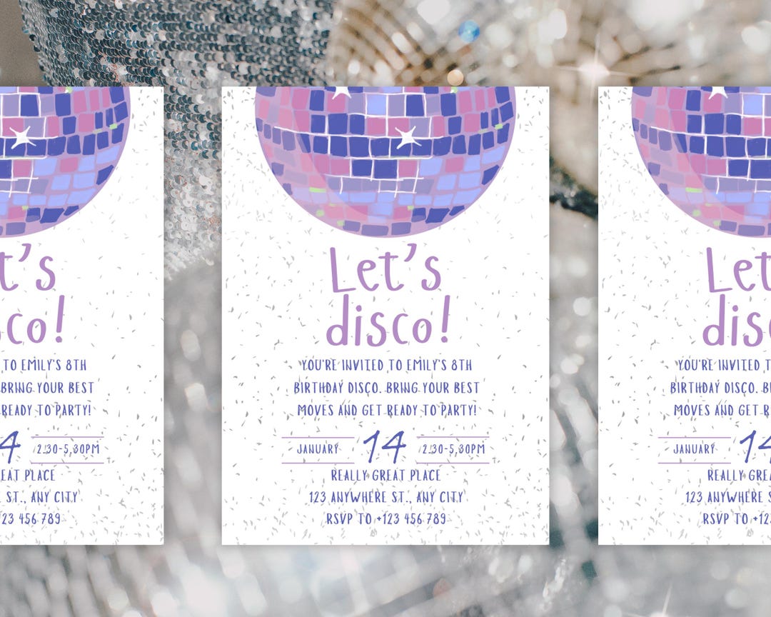 Purple Disco Ball Birthday Invitation | Kids Editable Dance Party ...