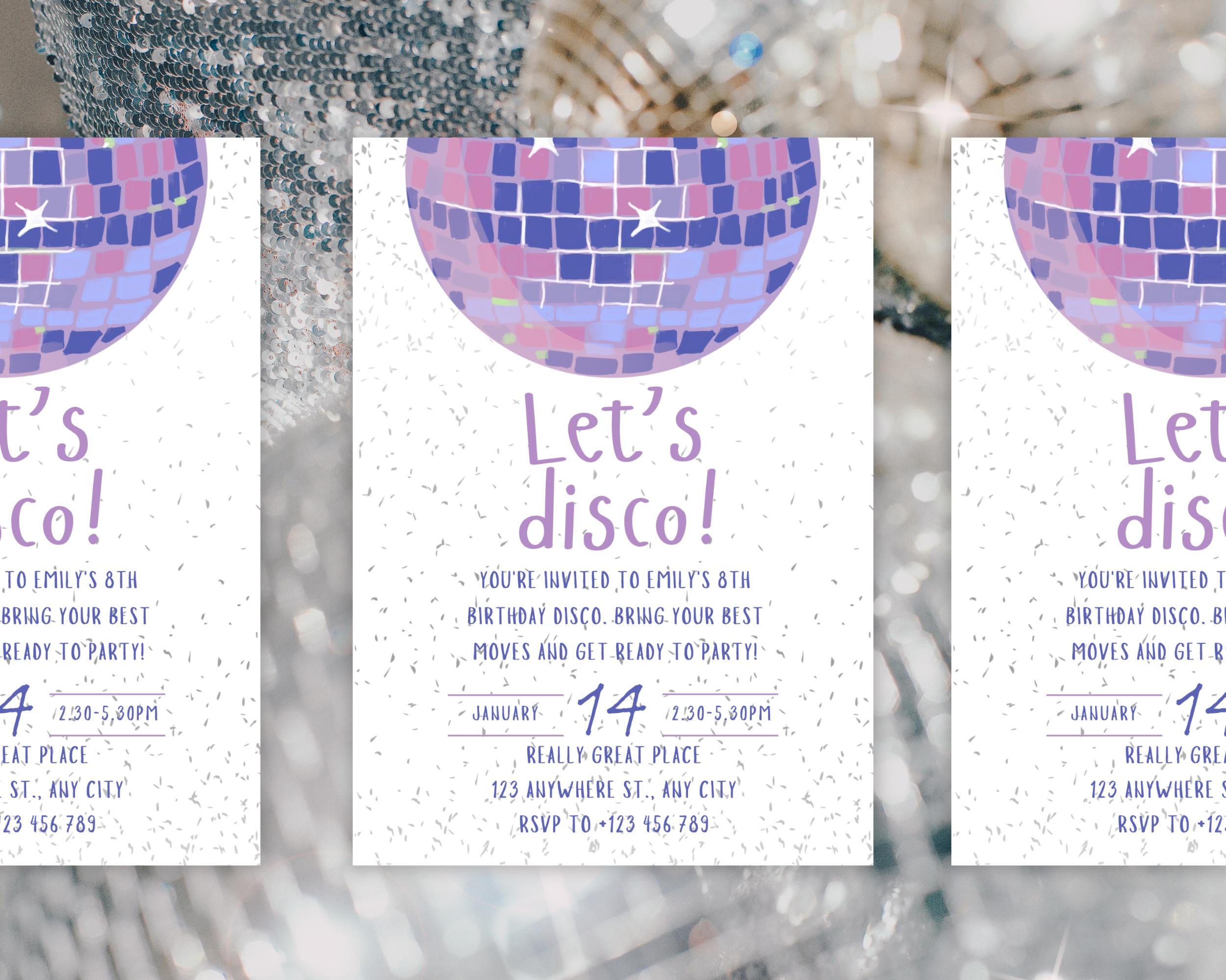 Purple Disco Ball Birthday Invitation | Kids Editable Dance Party ...