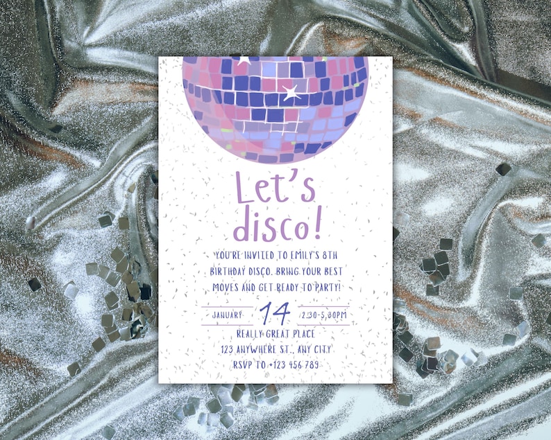 Purple Disco Ball Birthday Invitation | Kids Editable Dance Party ...