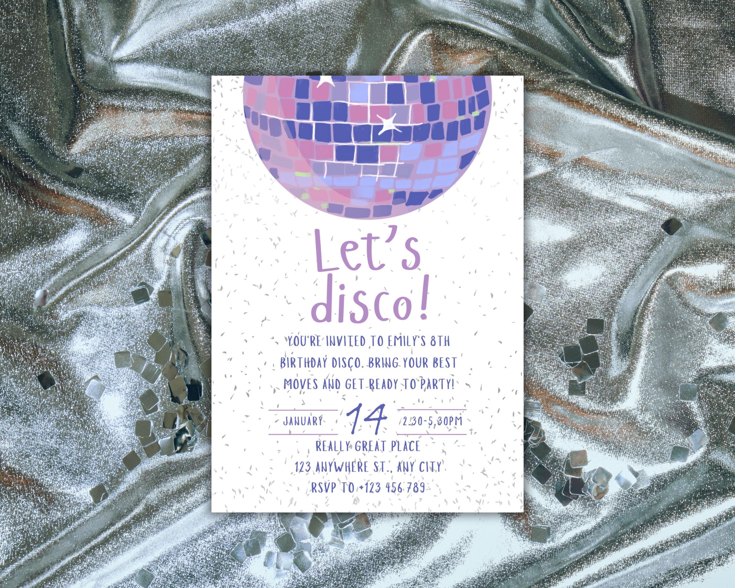 Purple Disco Ball Birthday Invitation | Kids Editable Dance Party ...