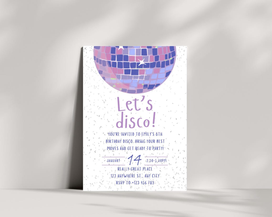 Purple Disco Ball Birthday Invitation | Kids Editable Dance Party ...