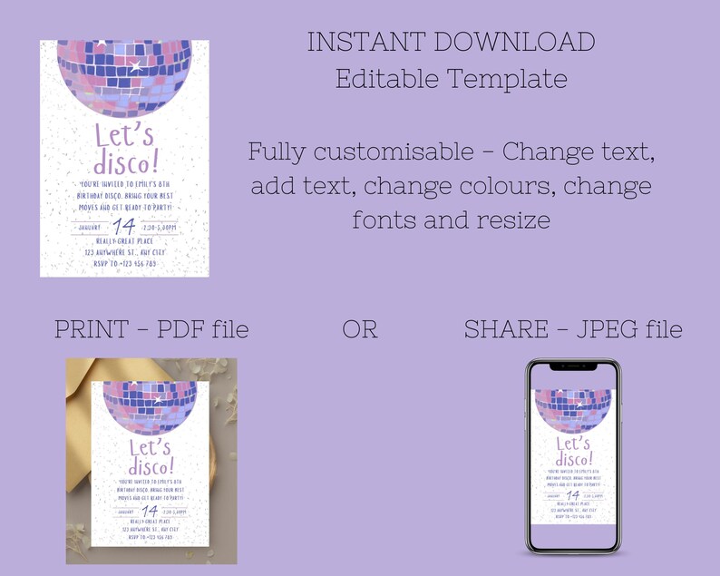 Purple Disco Ball Birthday Invitation | Kids Editable Dance Party ...