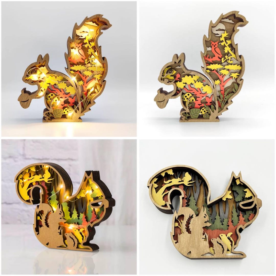 Custom Wooden 3D Squirrel With LED Lights,hand-carved Animal Lights ...