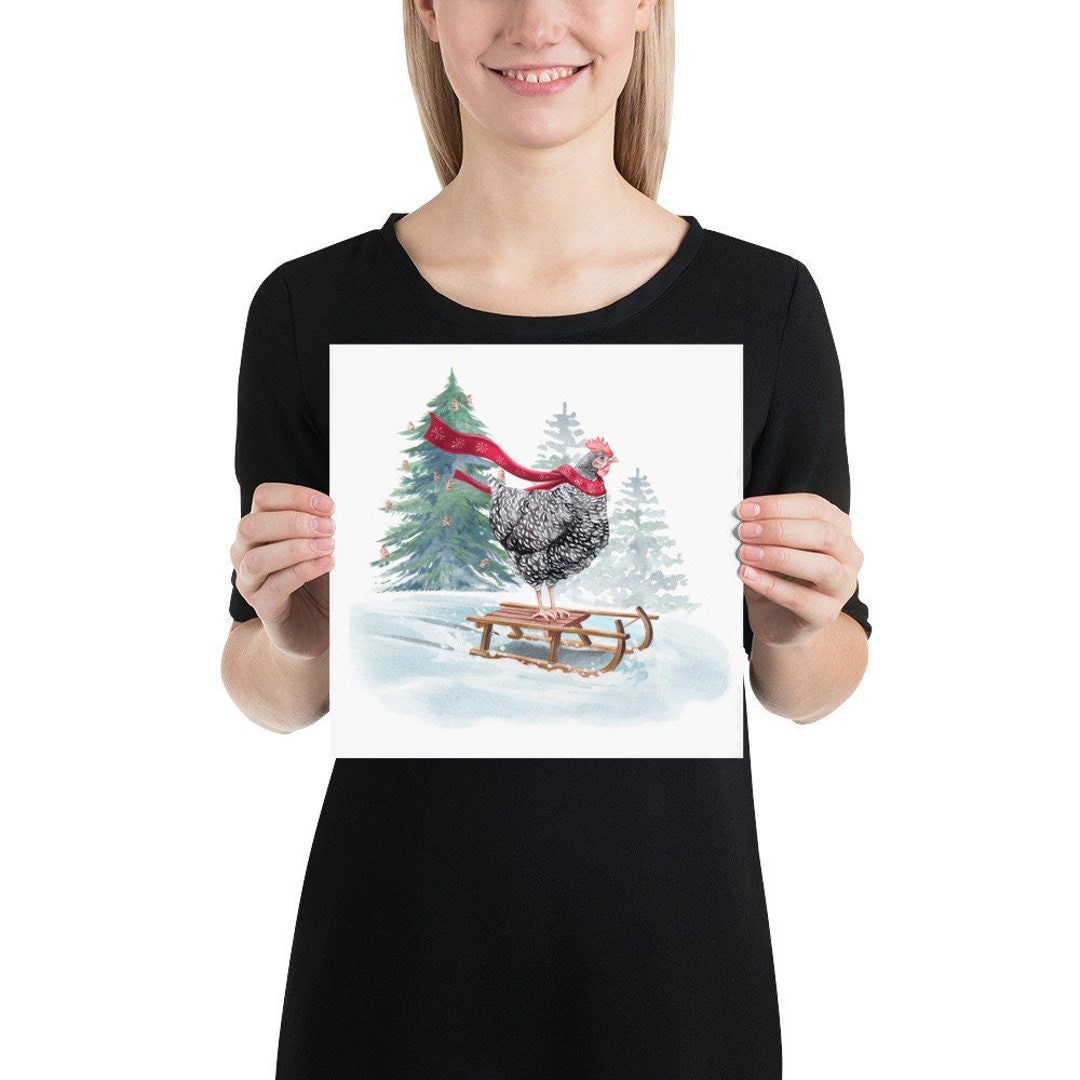 Chicken on a Sled Christmas Art Print | Holiday Winter Poster of ...