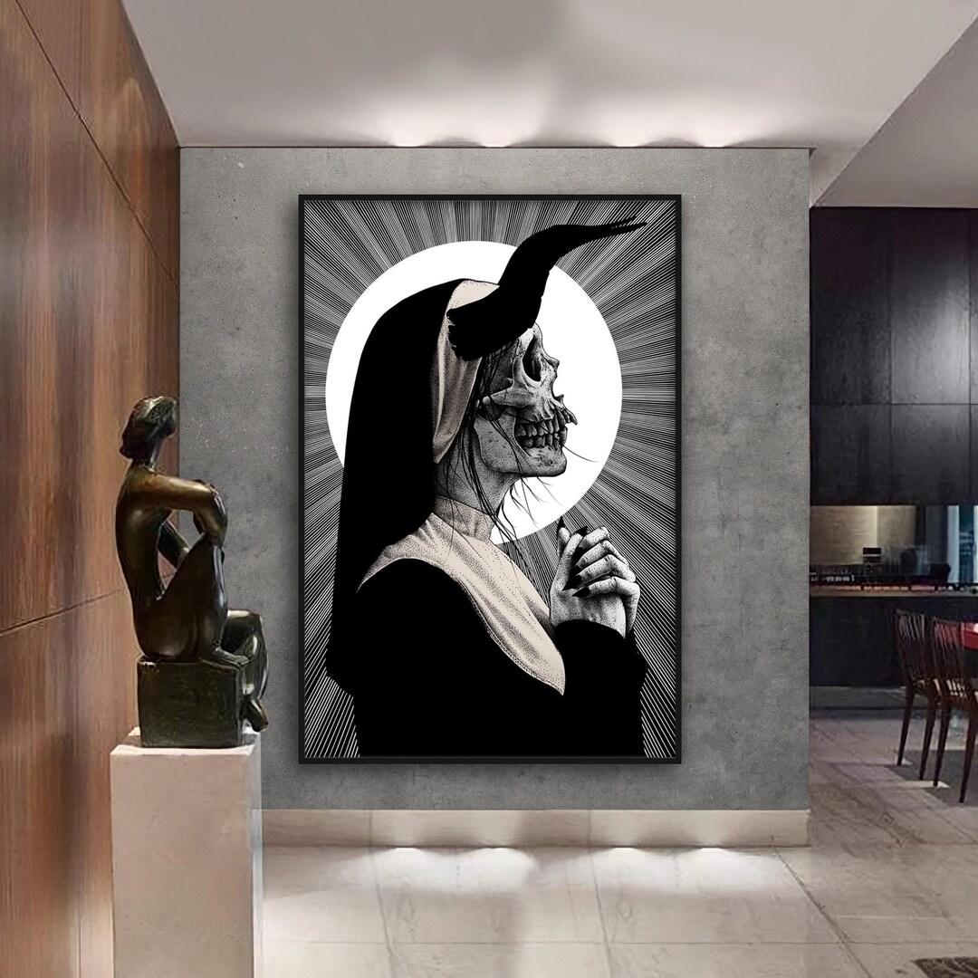 Skeleton Horned Nun Canvas Painting, Nun Canvas, Skeleton Print Poster ...