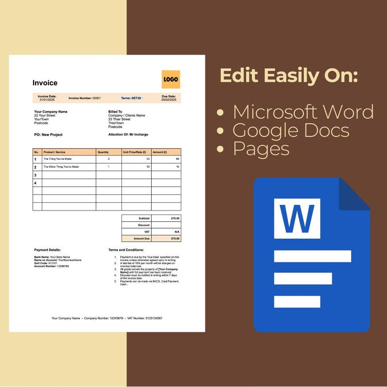 Invoice Template 2025 | Easy to Use Business Invoice Template | Word DOCX or Google Docs File - Etsy