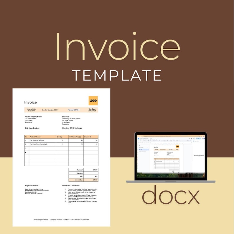 Invoice Template 2025 | Easy to Use Business Invoice Template | Word DOCX or Google Docs File - Etsy