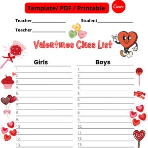 Valentine Class List and Coloring Sheet, Girl and Boy Class List ...