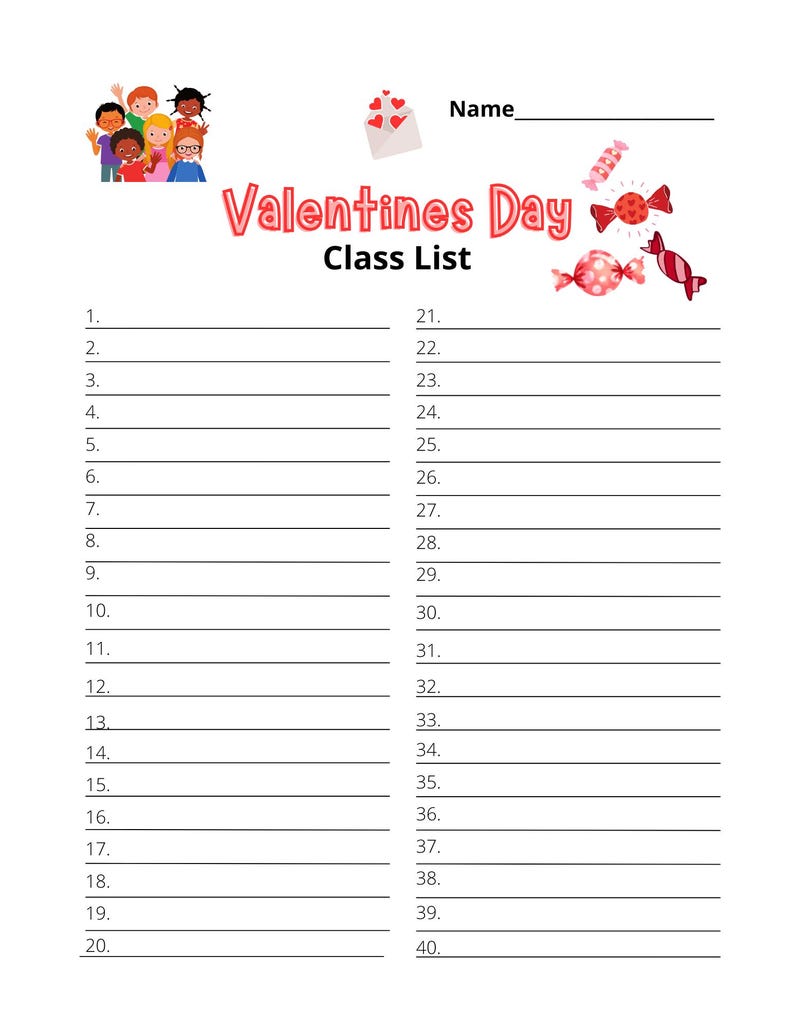 Valentine Class List, Kids' Valentine List, School Valentine List ...