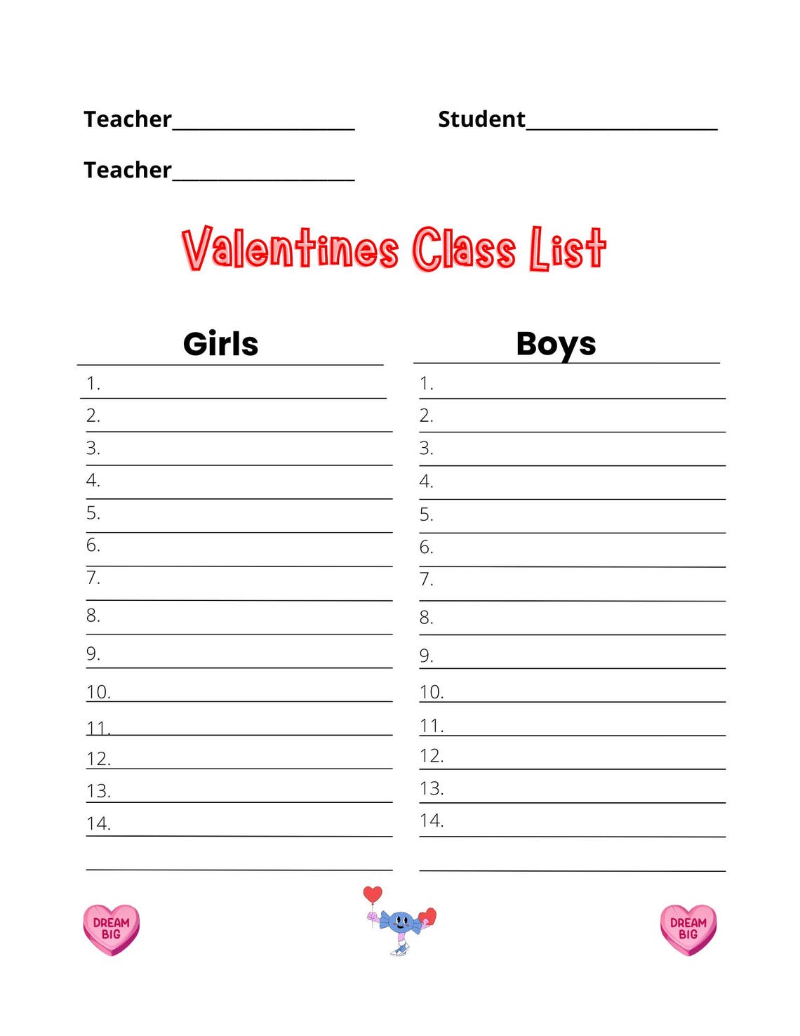 Valentine Class List and Coloring Sheet, Girl and Boy Class List ...