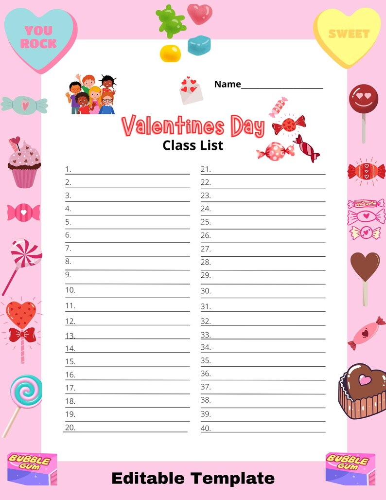 Valentine Class List, Kids' Valentine List, School Valentine List ...
