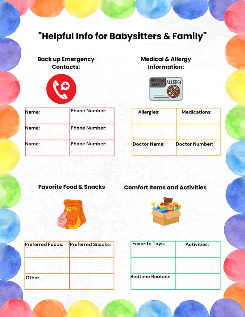 Printable Babysitter Info Sheet | Emergency Contact & Routine Planner ...
