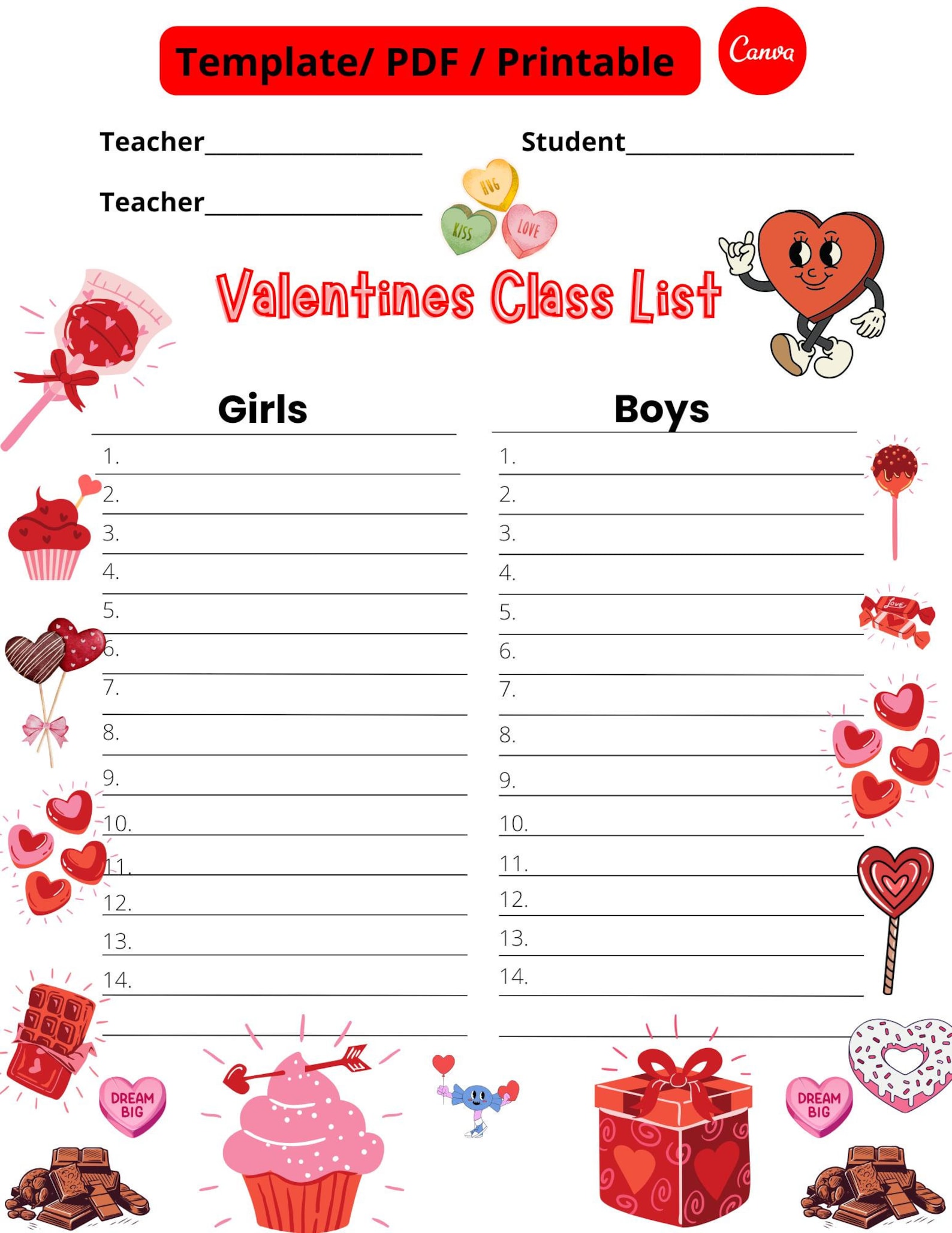 Valentine Class List and Coloring Sheet, Girl and Boy Class List ...