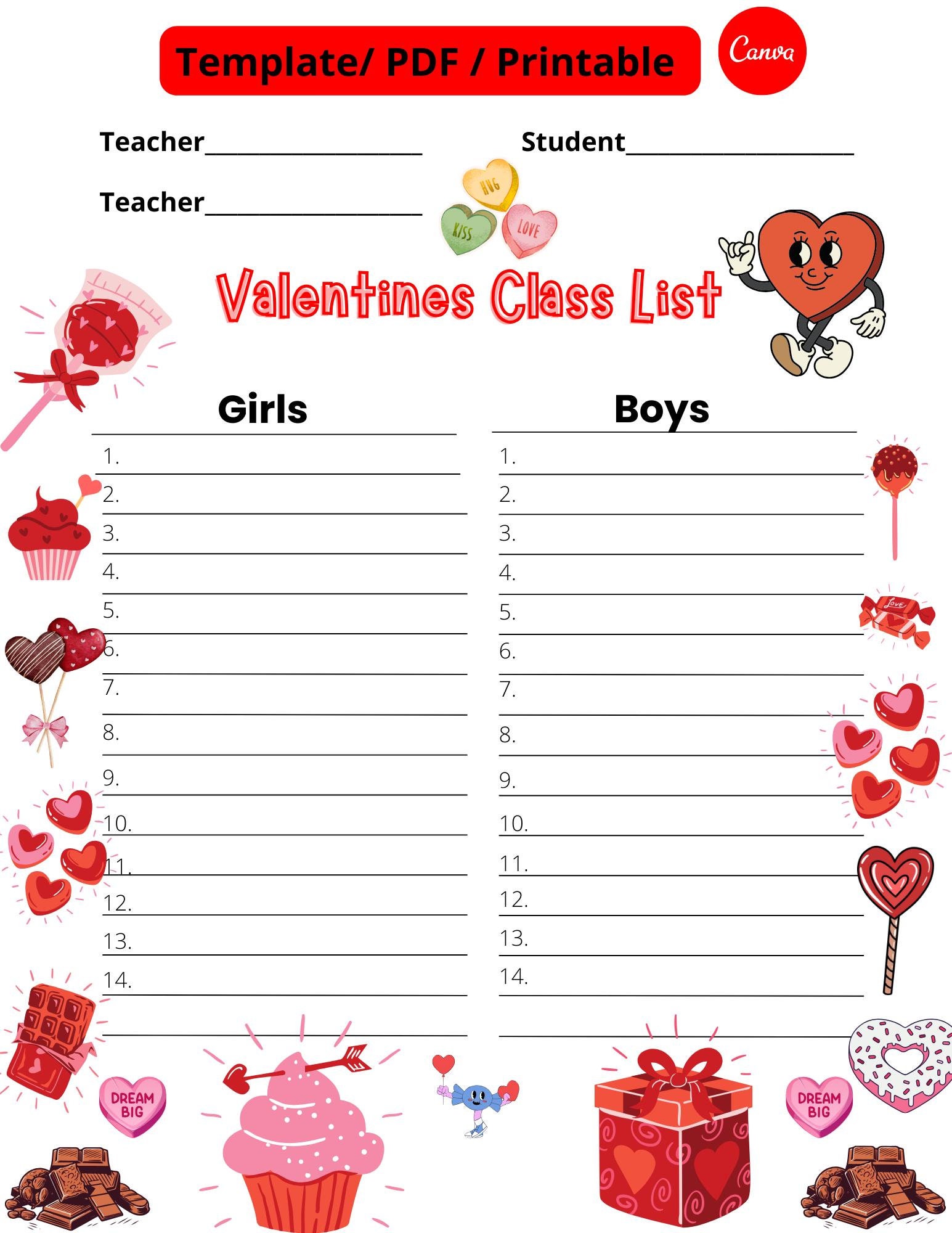 Valentine Class List and Coloring Sheet, Girl and Boy Class List ...