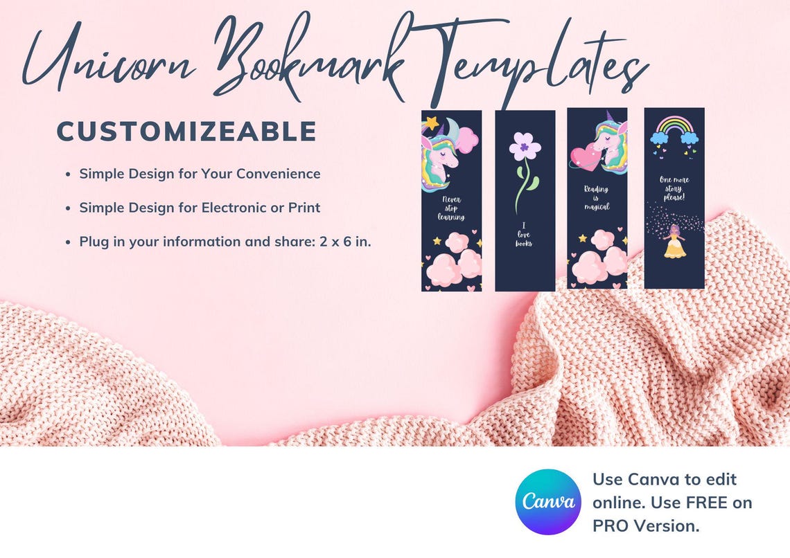 Editable Unicorn Bookmark Digital Download. 4 Cute Pastel Printable ...