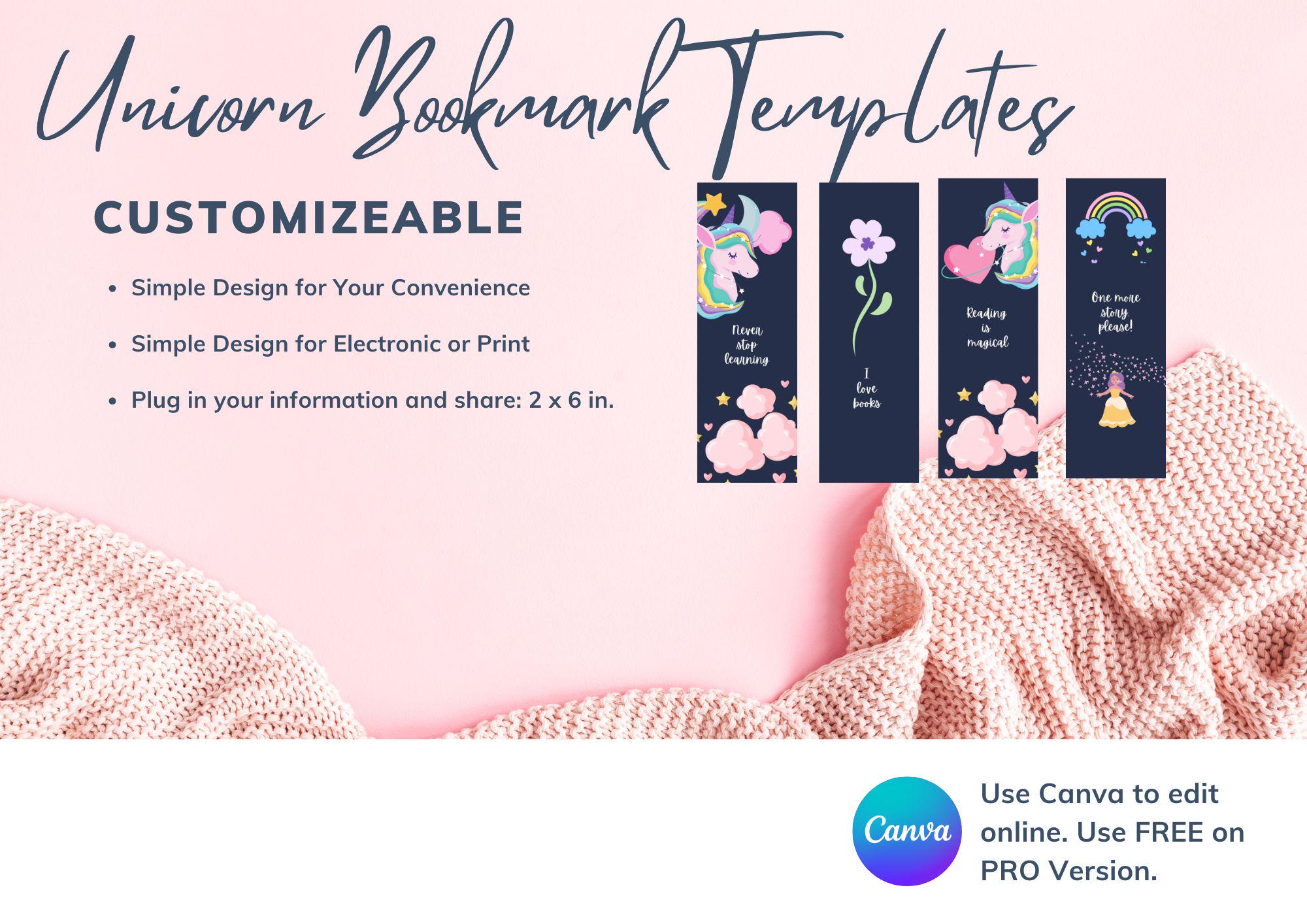 Editable Unicorn Bookmark Digital Download. 4 Cute Pastel Printable ...