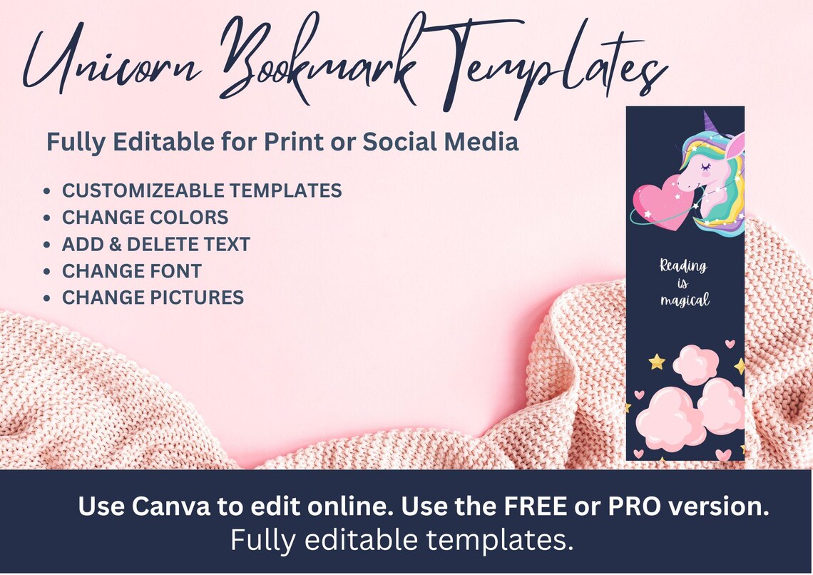 Editable Unicorn Bookmark Digital Download. 4 Cute Pastel Printable ...